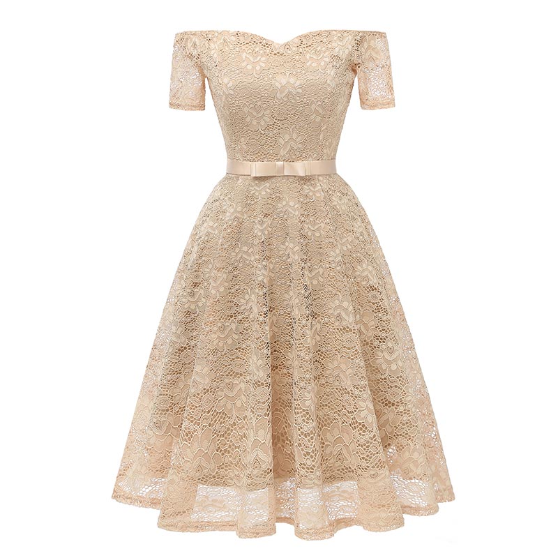 Lace Slash Neck A-line Cocktail Dress With Bow