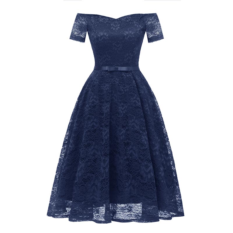 Lace Slash Neck A-line Cocktail Dress With Bow